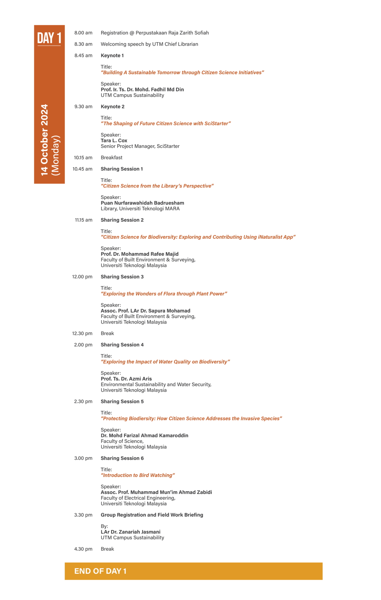 Programme Schedule - International Citizen Science Boot Camp 2024